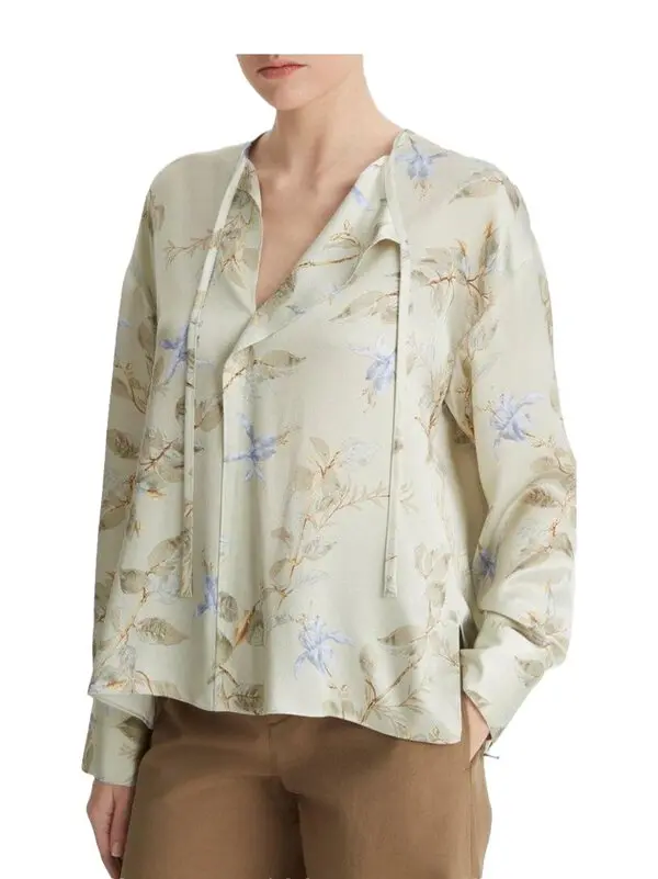 Vince Bellflower Satin V-neck Blouse With Pendant Tie - White