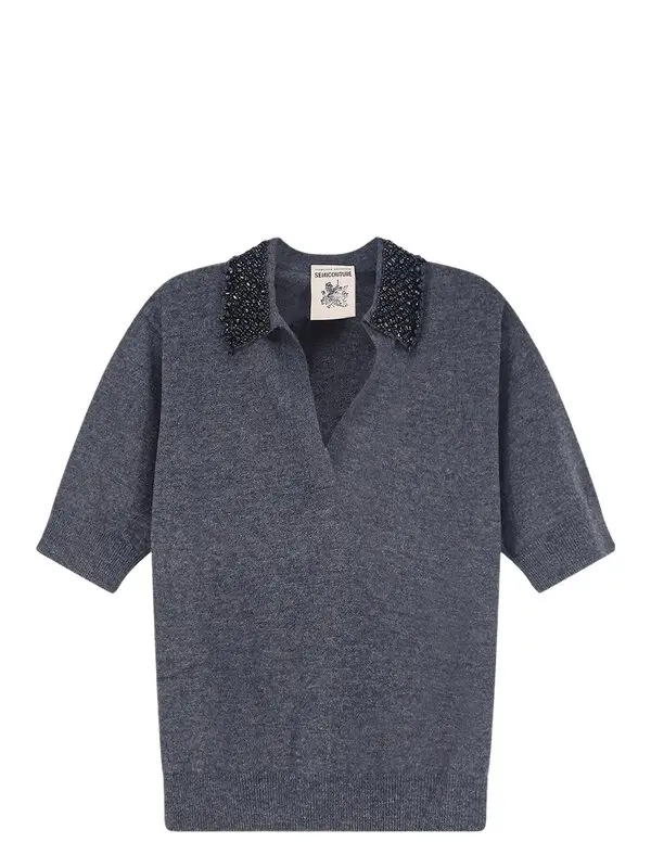 SEMICOUTURE Bead-embellished Knitted Polo Sweater - Medium Grey