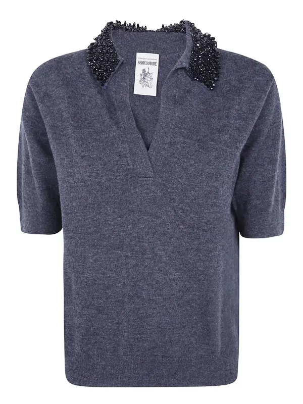 SEMICOUTURE Bead-embellished Knitted Polo Sweater - Medium Grey