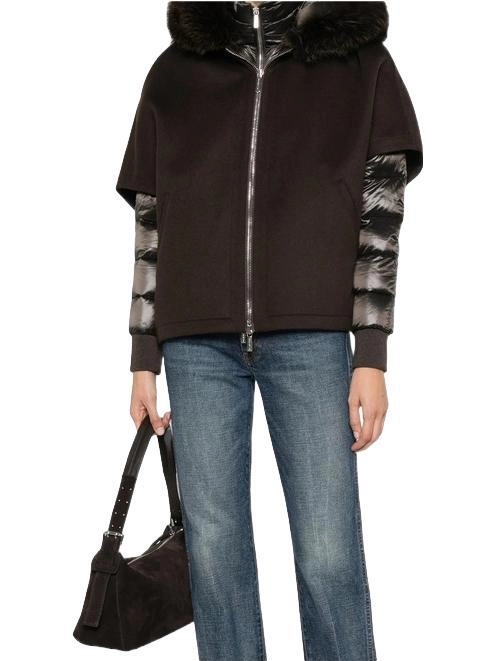 MOORER Panelled Fur Collar Hooded Jacket - Black