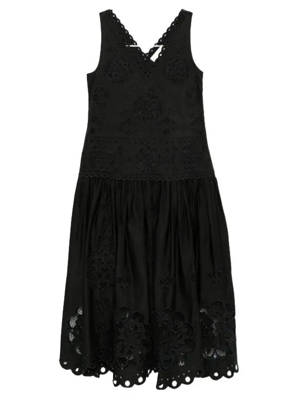 Sea Gardener Midi Dress With Floral Embroidery And Openwork Details - Black