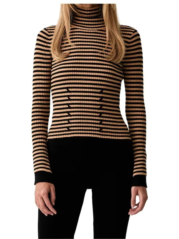 TWINSET Striped High Neck Long Sleeve Knit Top - Brown