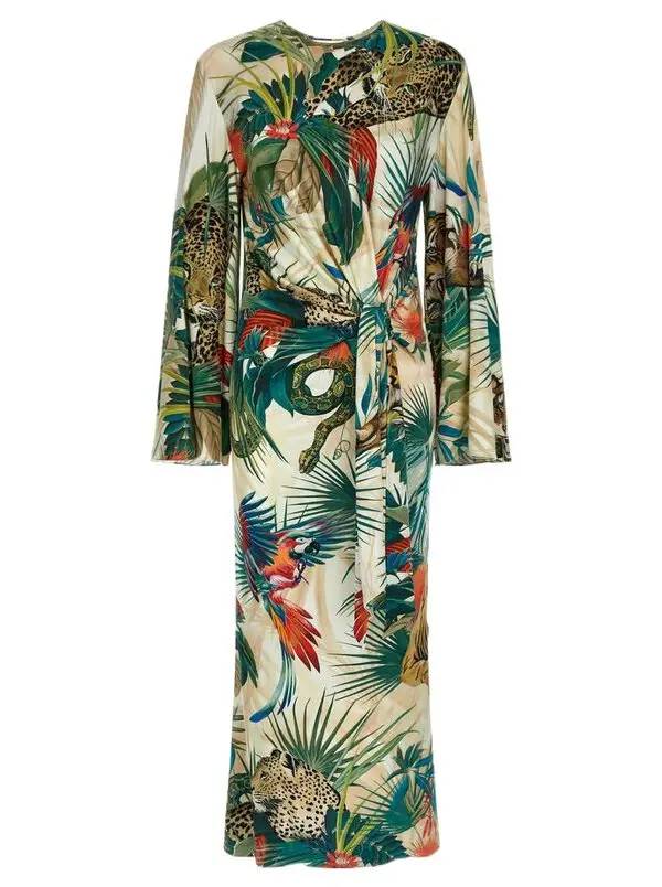 Roberto Cavalli Long Sleeve Jungle Print Maxi Wrap Dress - Green