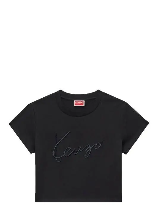 Kenzo Signature Embroidered Cropped Cotton T-shirt - Black