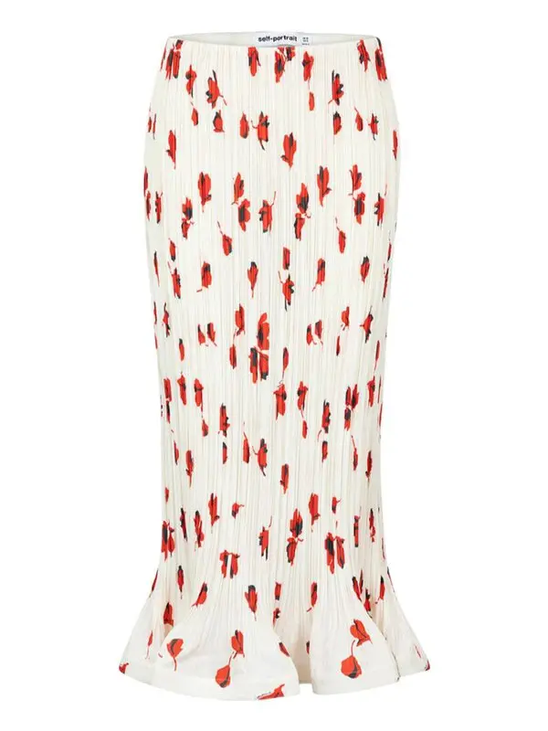 SELF-PORTRAIT Floral Pleated Midi Skirt - White