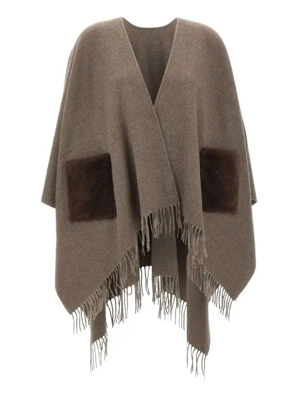 GRAN SASSO Fringed Hem Cape With Fur Accents - Brown