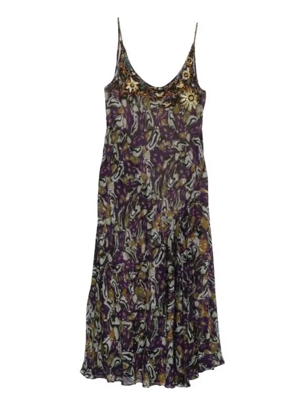 Dries Van Noten Abstract Print Bead Embellishment Spaghetti Strap Dress - Purple