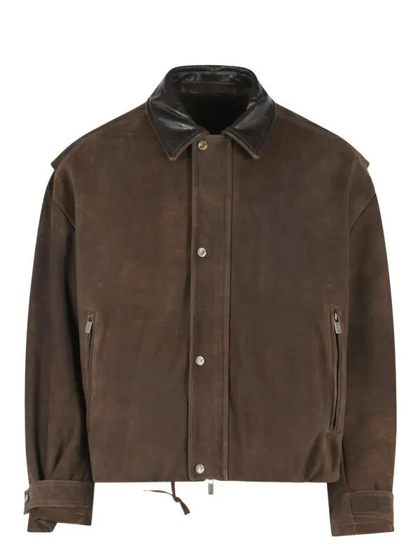 SALVATORE SANTORO Oversized Suede Jacket With Leather Collar - Brown