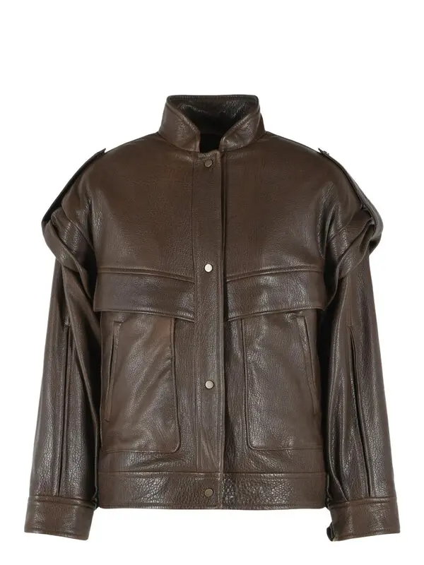 SALVATORE SANTORO Long Sleeve Leather Bomber Jacket - Brown