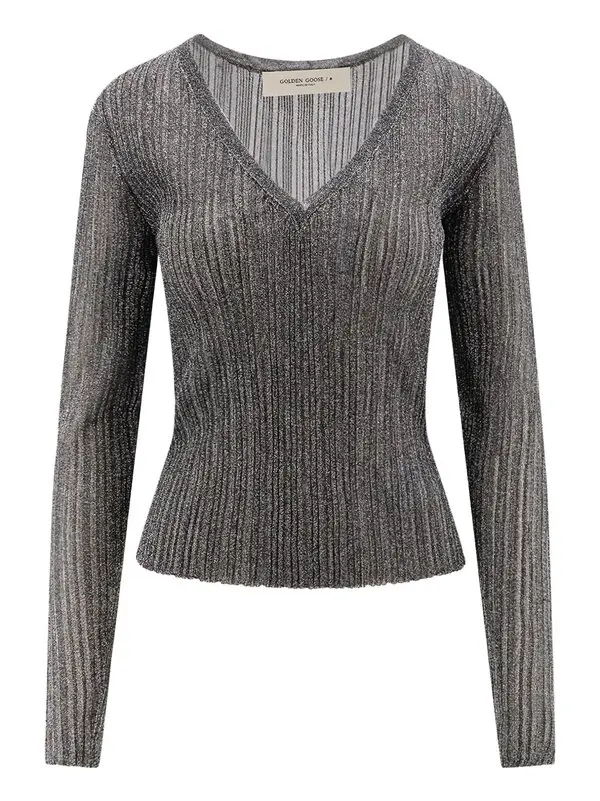 GOLDEN GOOSE V-neck Lurex Top With Logo Patch - Black