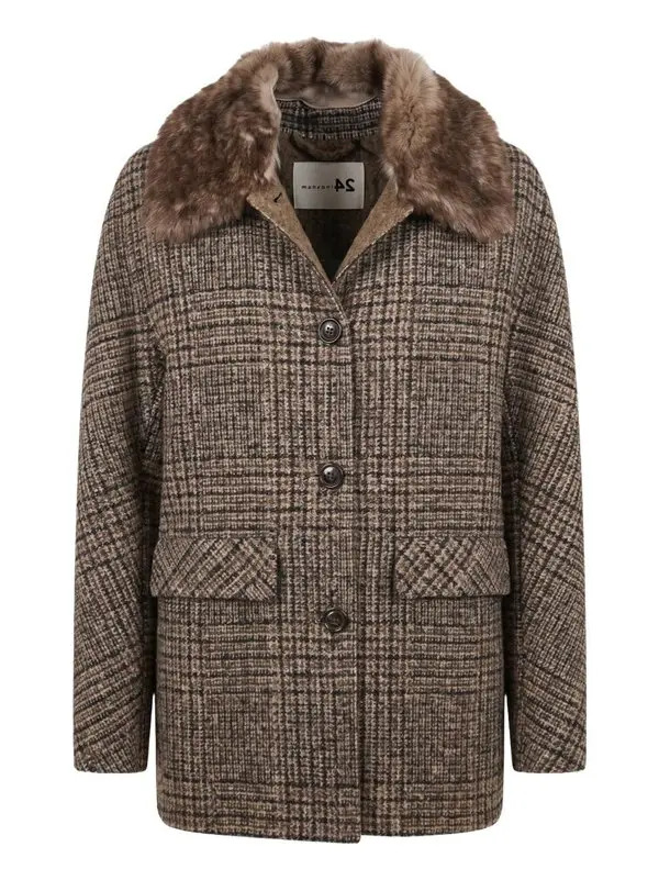 MANZONI 24 Checked Long-sleeved Coat With Fur Trim - Noisette