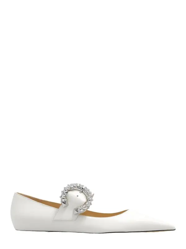 JIMMY CHOO Melva Pointed Toe Ballerina Flats With Crystal Embellishment - White