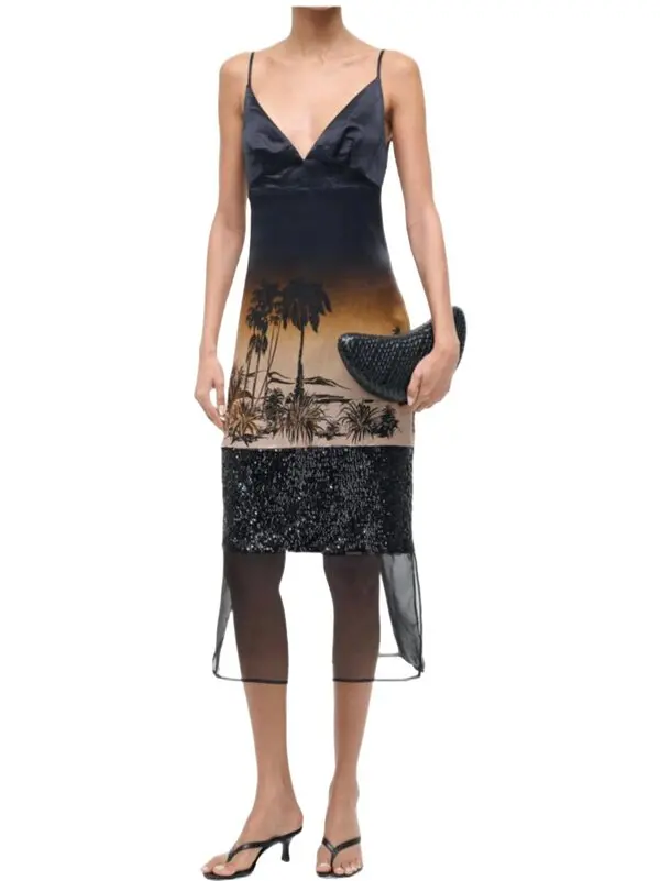 Staud Sleeveless Tropical Print Midi Dress With Sequin Embellishments - Black