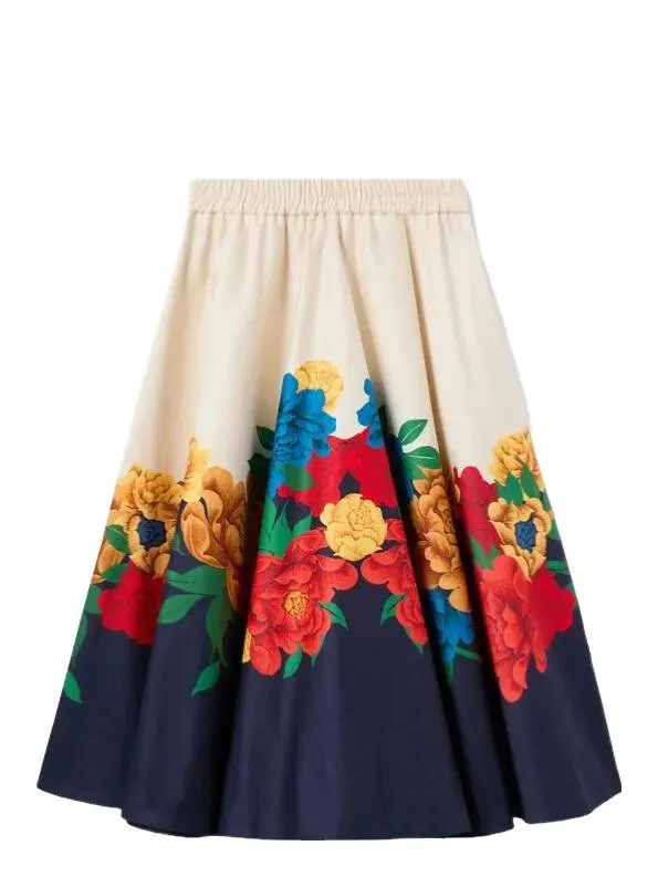 La DoubleJ Floral Print Midi Skirt With Elastic Waistband - Ivory