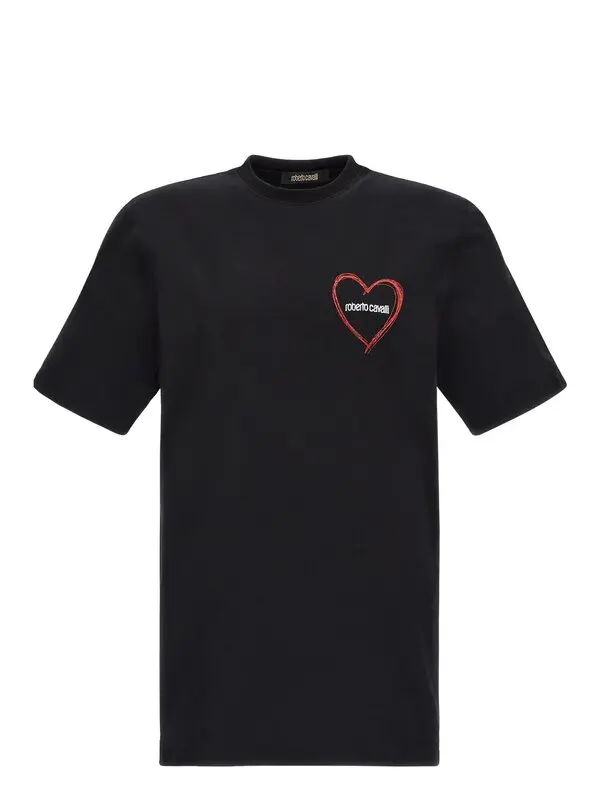 Roberto Cavalli Heart-embroidered Cotton T-shirt - Black