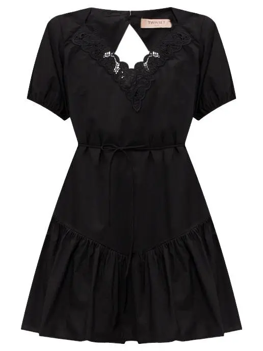 TWINSET Embroidered Lace-trim Ruffled Mini Dress - Black