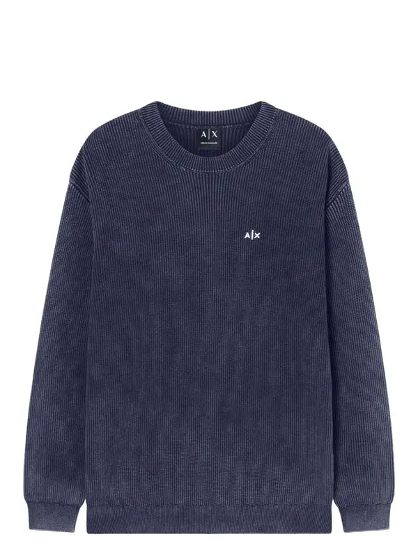 Armani Exchange Ribbed Crew Neck Long Sleeve Jumper With Embroidered Logo - Blue