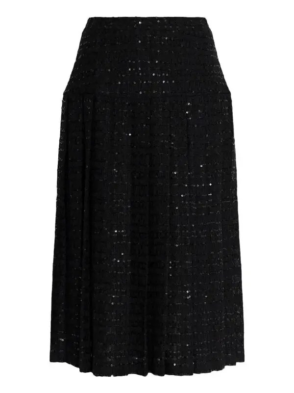Alessandra Rich Sequin Tweed Pleated Midi Skirt - Black