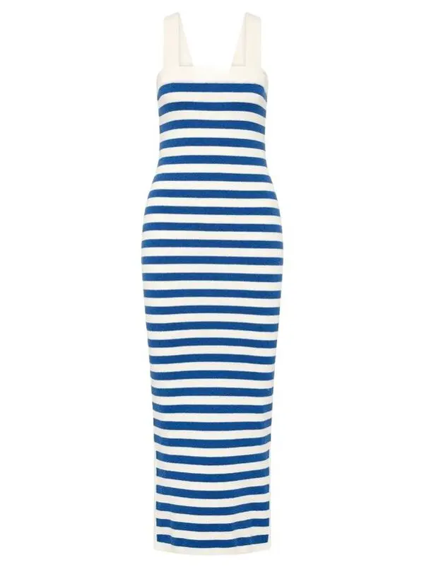 Posse Striped Square Neck Dress With Wide Straps And Side Slit - Blue Stripes