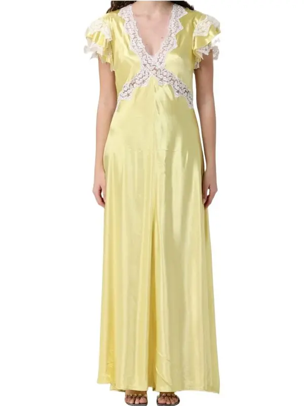 Alberta Ferretti V-neck Gown With Lace Trim - Nude