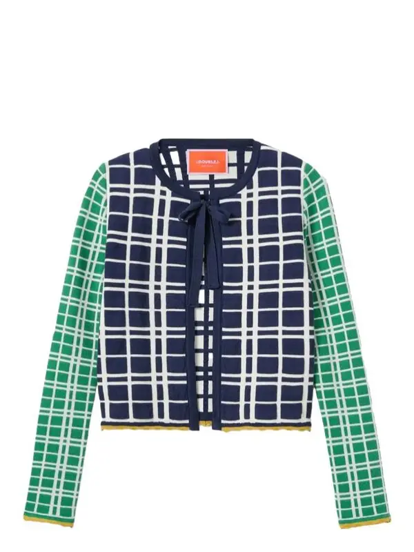 La DoubleJ Tie Front Checked Cardigan - Blue