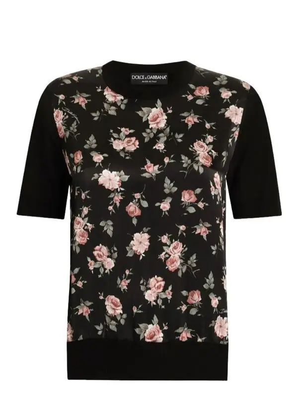 Dolce & Gabbana Floral Print Round Neck T-shirt - Black
