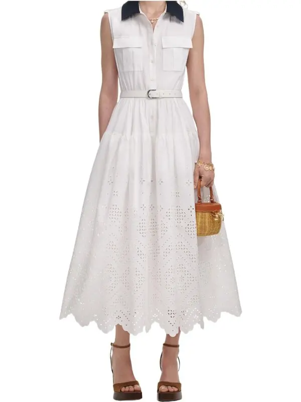 SELF-PORTRAIT Sleeveless Belted Midi Dress - White