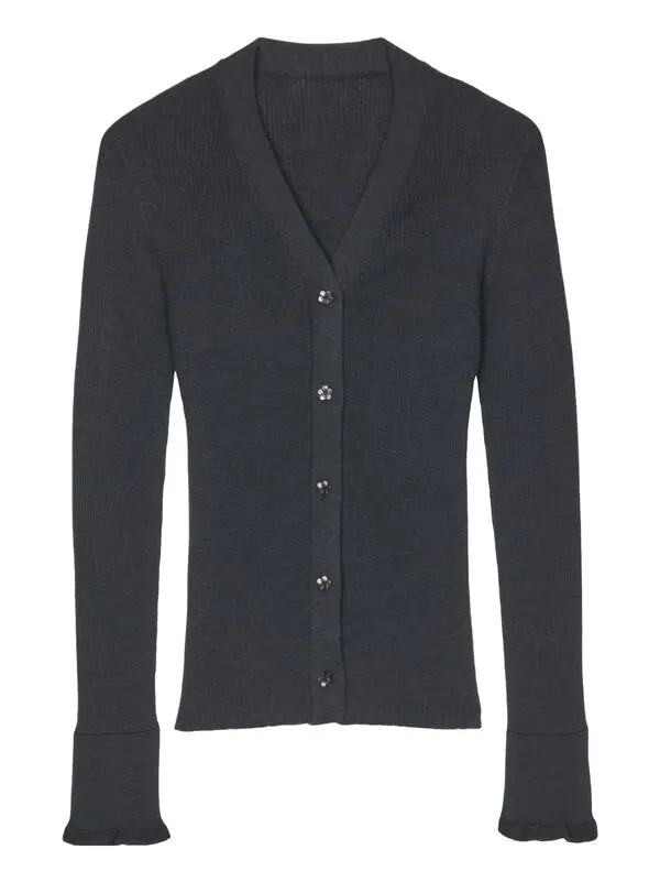 Cecilie Bahnsen Ribbed V-neck Cardigan With Floral Button Details - Charcoal-grey