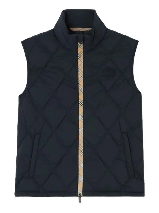 Burberry Quilted Down Vest With House Check Trim - Navy