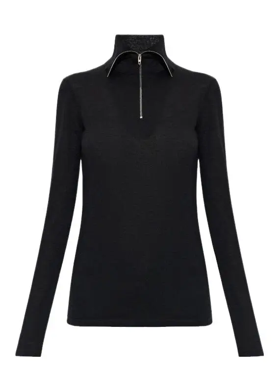 JIL SANDER High Neck Zip Up Top With Logo Detail - Black