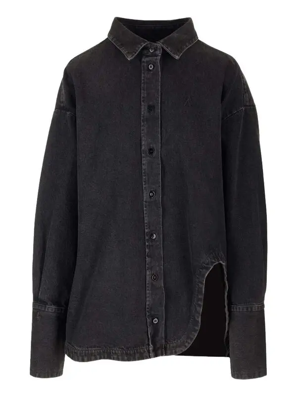 Attico Logo Embroidered Buttoned Denim Shirt With Slit Detail - Black