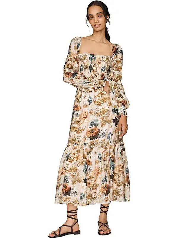 Anthropologie Puff Sleeve Tiered Midi Dress - Gold