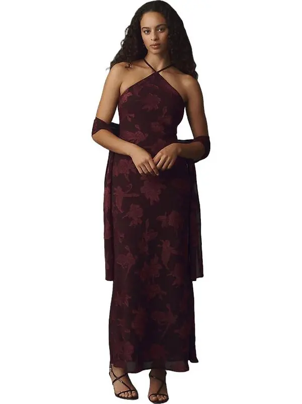 HUTCH Burnout Floral Maxi Slip Dress With Attached Scarf - Purple