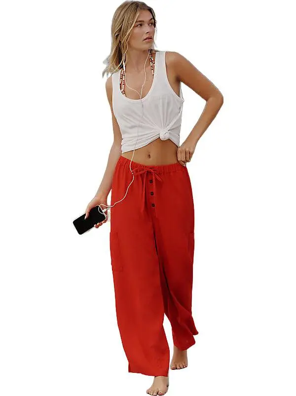 CELANDINE High-rise Pull-on Wide Leg Linen Blend Pants - Red