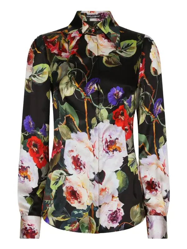 Dolce & Gabbana Rose Garden Printed Satin Shirt - Black