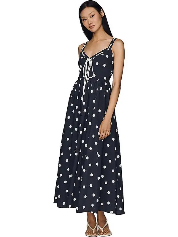 English Factory Cotton Linen Polka Dot Midi Dress - Blue Dot