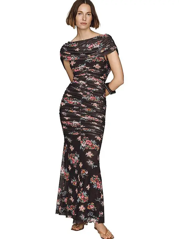 AFRM Floral Print Ruched Cap Sleeve Maxi Dress - Java Snake Floral