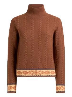 Etro High Neck Cable Knit Sweater With Floral Trim - Brown