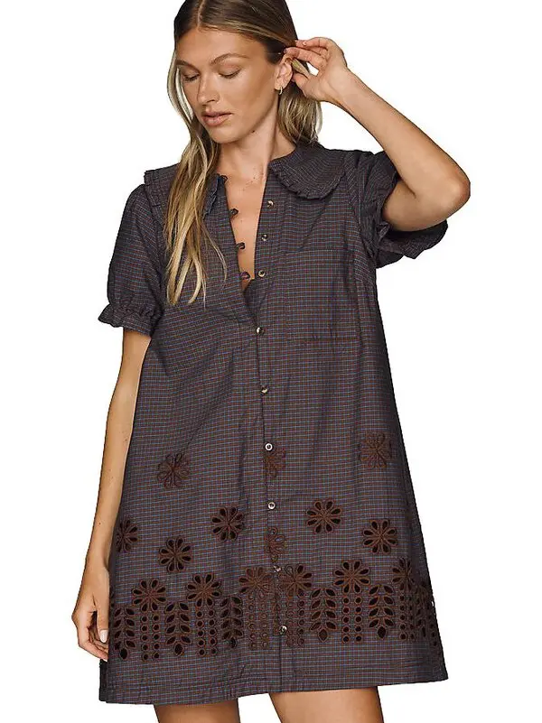 PILCRO Keira Embroidered Cotton Mini Dress - Brown Pattern
