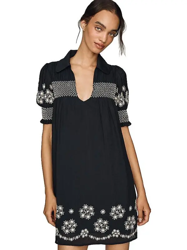 Anthropologie Puff Sleeve Embroidered Mini Dress - Black