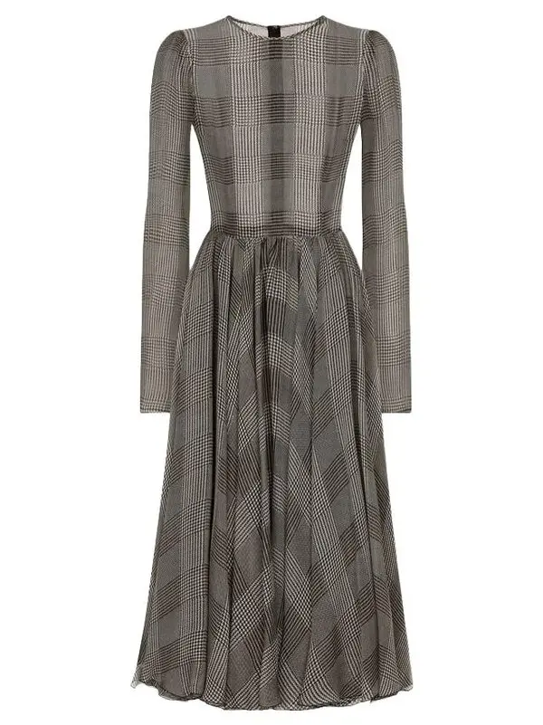 Dolce & Gabbana Glen Plaid Printed Chiffon Midi Dress - Black