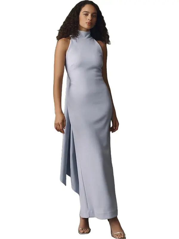 Bhldn High-neck Crepe Maxi Dress With Elongated Sash - Light Blue
