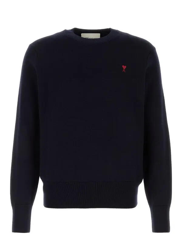 AMI Paris Navy Wool Sweater With De Coeur Embroidery - Blue