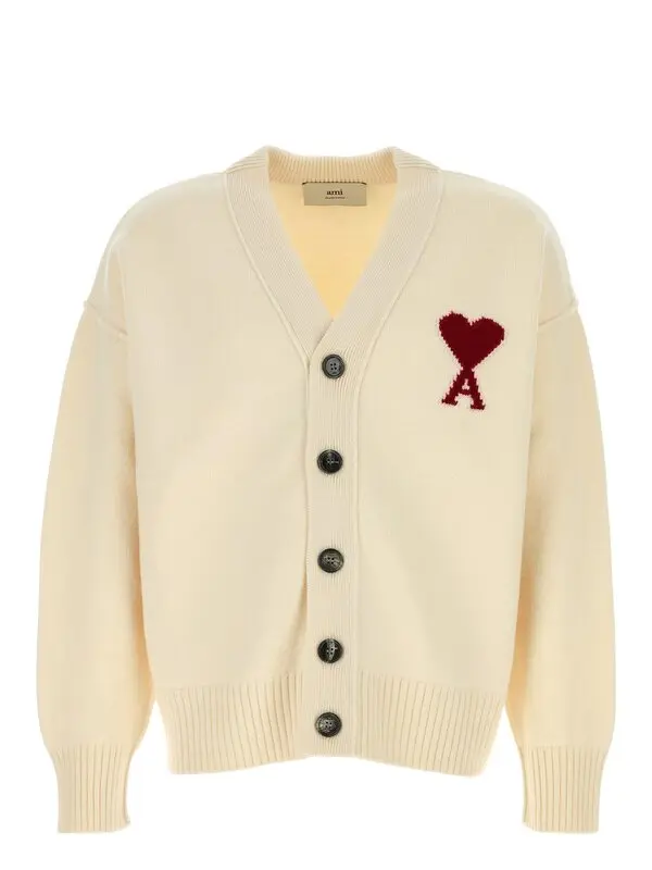 AMI Paris Wool Cardigan With Embroidered Logo - White