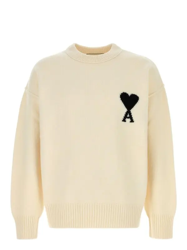 AMI Paris Wool Sweater With De Coeur Embroidery - White
