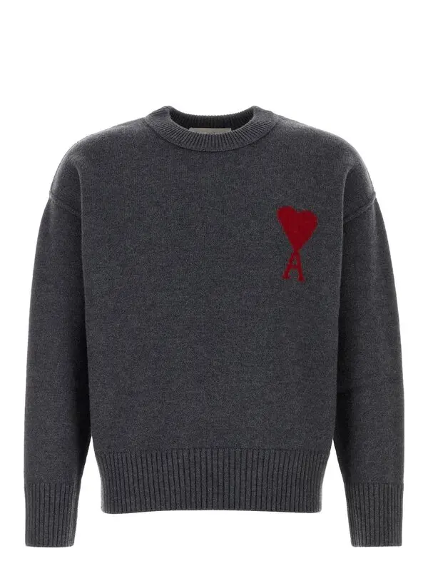 AMI Paris Pure Virgin Wool Crew Neck Sweater With De Coeur Embroidery - Grey