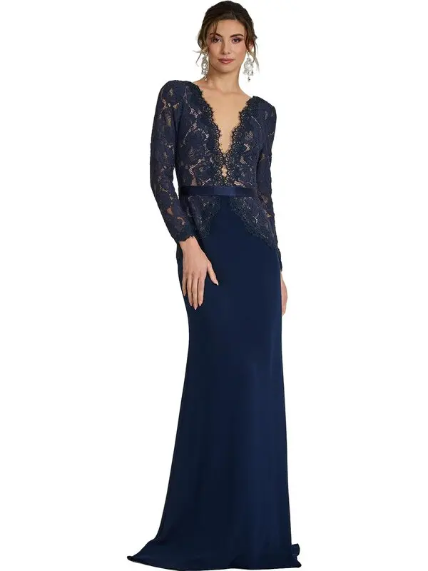 Tadashi Shoji Corwin Embroidered Illusion Gown - Navy/nude