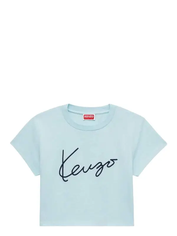Kenzo Signature" Embroidered Cotton Cropped T-shirt - Blue