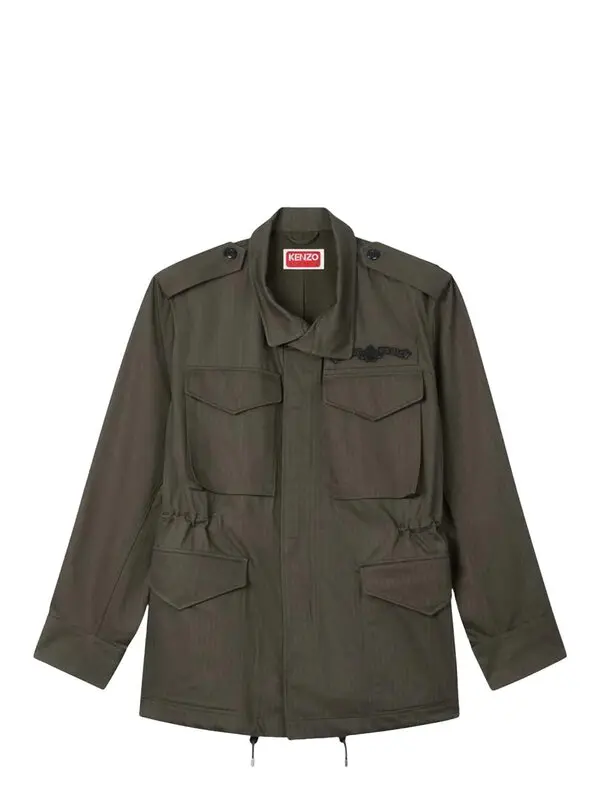 Kenzo Emblem Cotton Herringbone Military Jacket - Grey