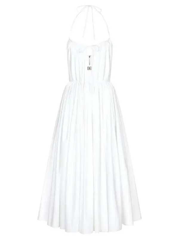 Dolce & Gabbana Cotton Halter Neck Dress With Silver-tone Logo Plaque - White